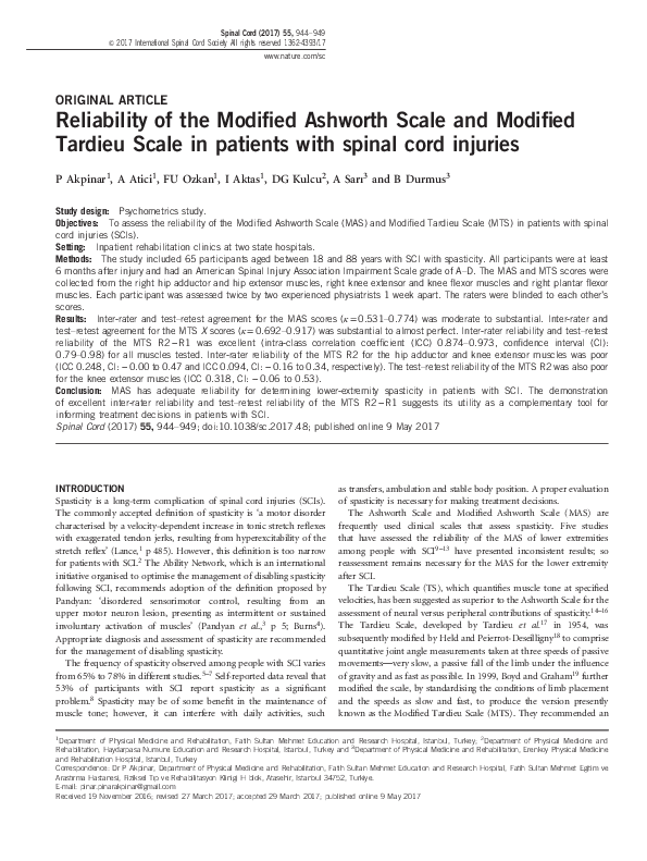 (PDF) Reliability of the Modified Ashworth Scale and Modified Tardieu ...