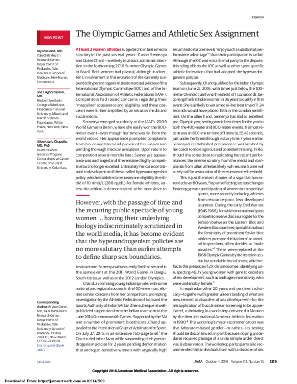 (PDF) The Olympic Games and Athletic Sex Assignment | Myron Genel ...