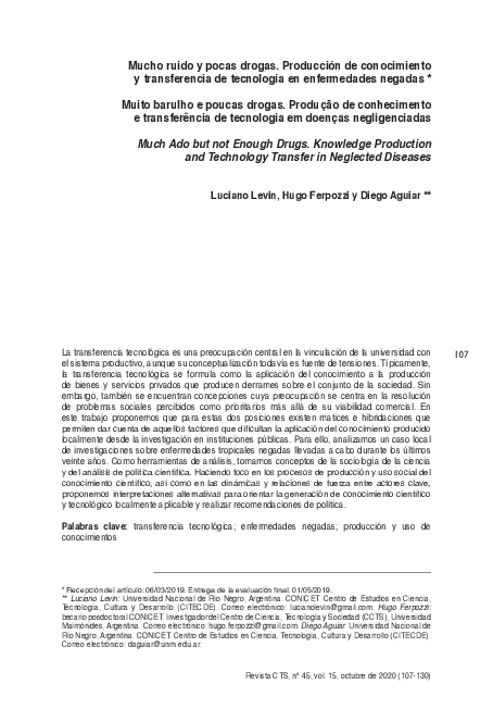 (PDF) Mucho ruido y pocas drogas. Producción de conocimiento y transferencia de tecnología en ...