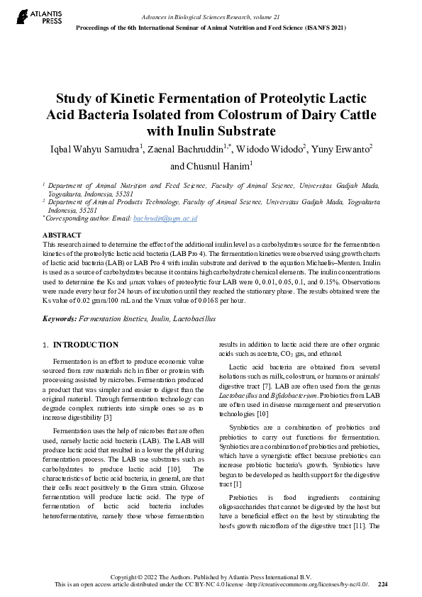(PDF) Study of Kinetic Fermentation of Proteolytic Lactic Acid Bacteria Isolated from Colostrum ...