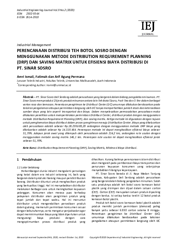 (PDF) Perencanaan Distribusi Teh Botol Sosro Dengan Menggunakan Metode Distribution Requirement ...