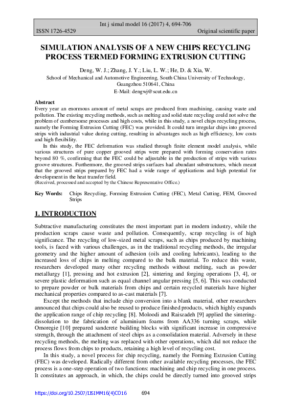 (PDF) Simulation Analysis of a New Chips Recycling Process Termed ...