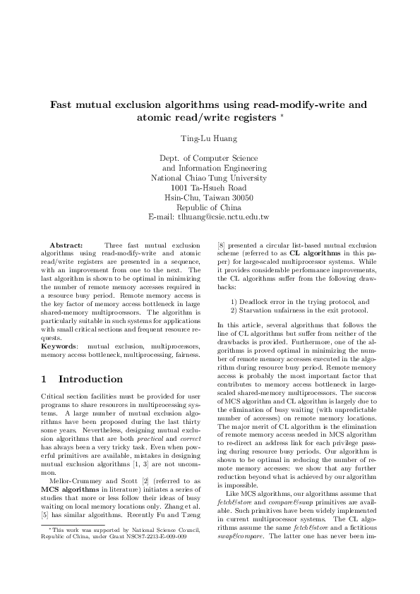 Pdf Fast Mutual Exclusion Algorithms Using Read Modify Write And