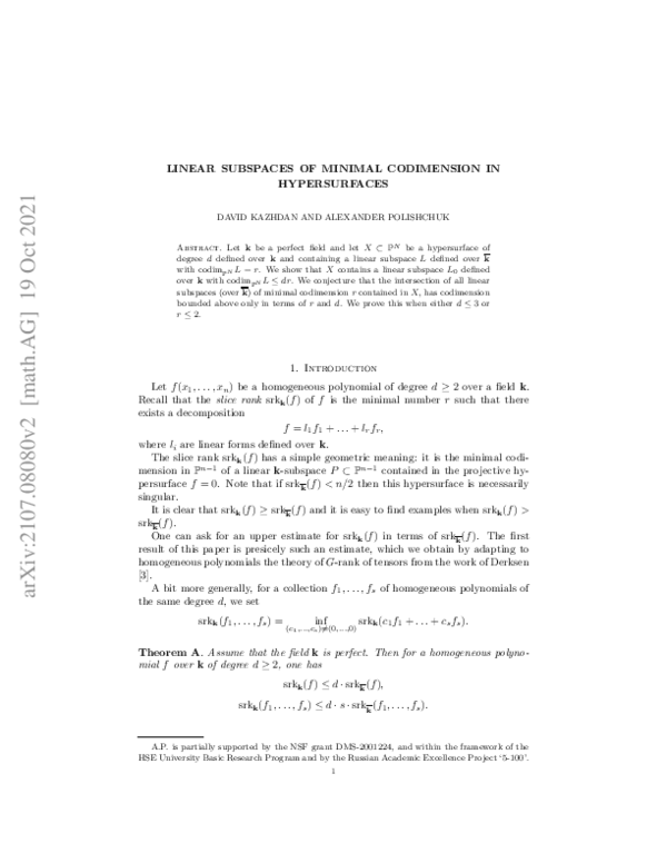 (PDF) Linear subspaces of minimal codimension in hypersurfaces
