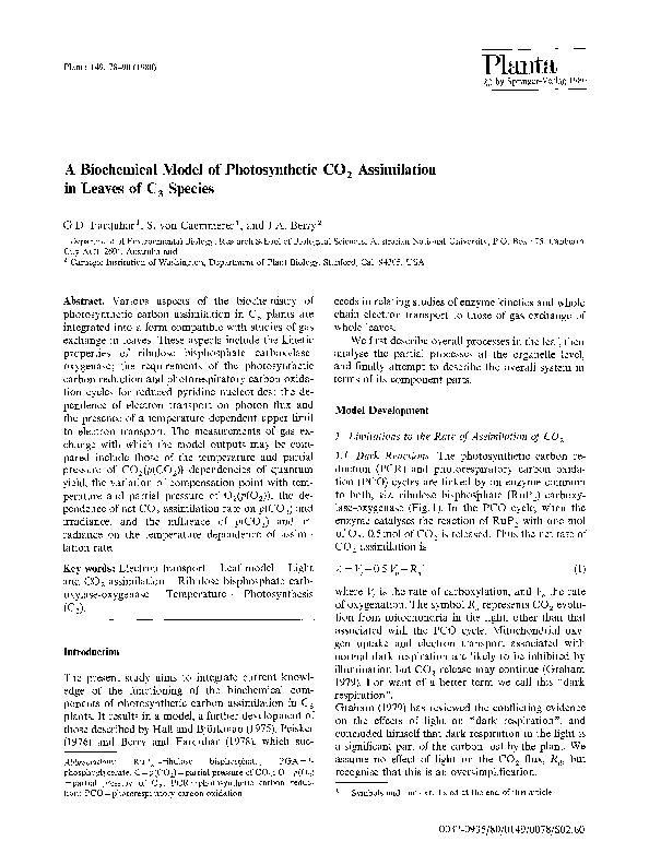 (PDF) A biochemical model of photosynthetic CO2 assimilation in leaves ...
