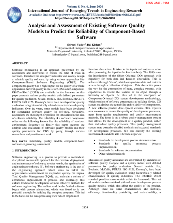 (PDF) Analysis and Assessment of Existing Software Quality Models to Predict the Reliability of ...