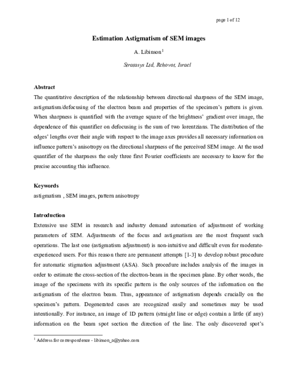(PDF) Estimation Astigmatism of SEM images