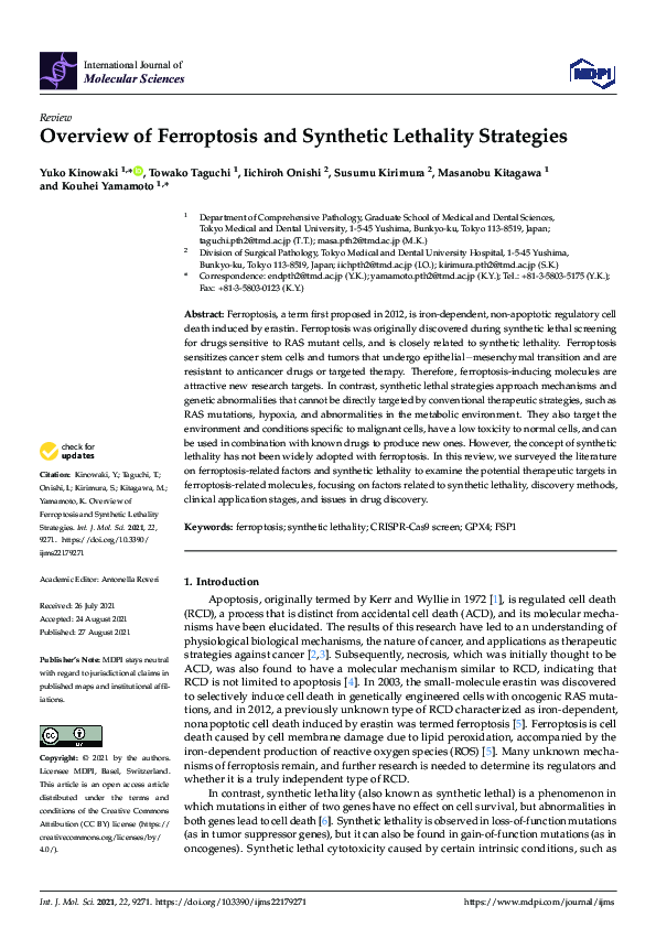(PDF) Overview of Ferroptosis and Synthetic Lethality Strategies
