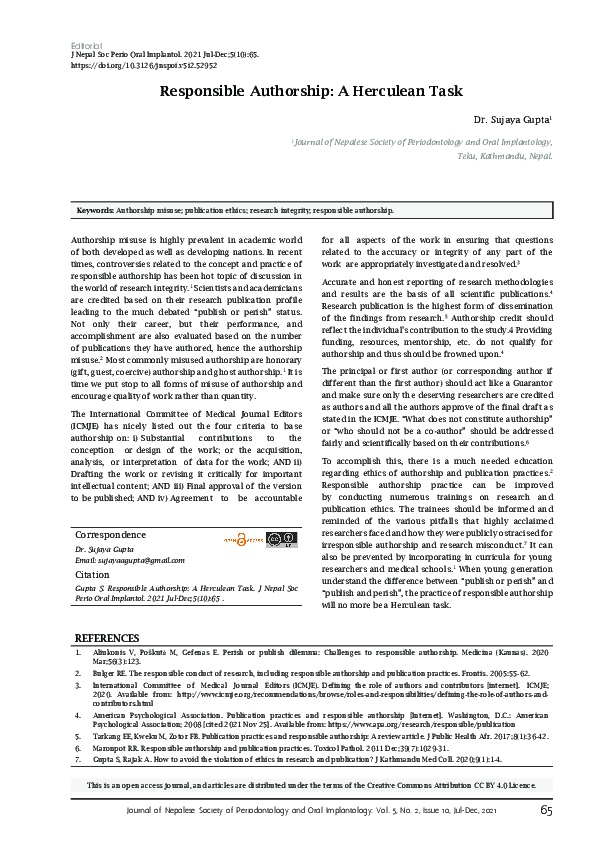 (PDF) Responsible Authorship: A Herculean Task