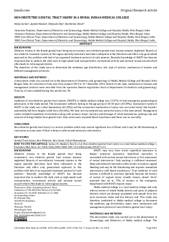 (PDF) Non Obstetric Genital Tract Injury in a Rural Indian Medical College