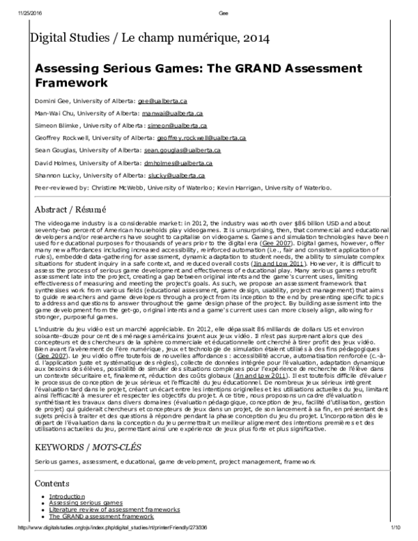 (PDF) Assessing Serious Games: The GRAND Assessment Framework