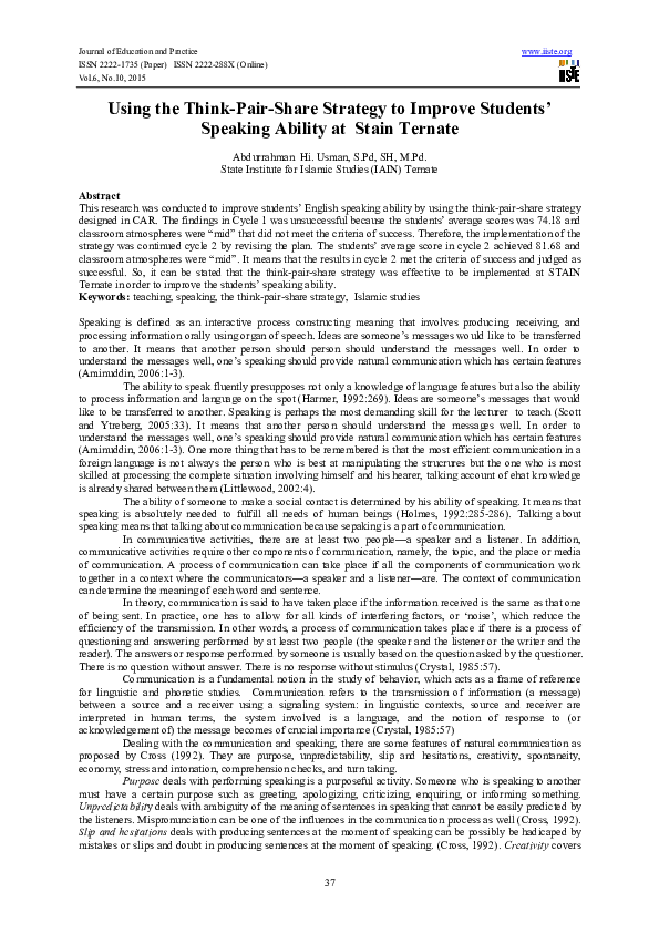 (PDF) Using the Think-Pair-Share Strategy to Improve Students’ Speaking Ability at Stain Ternate