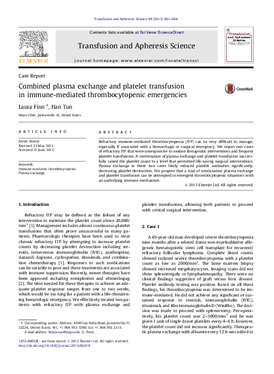 (PDF) Combined plasma exchange and platelet transfusion in immune ...