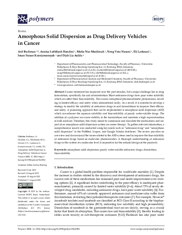(PDF) Amorphous Solid Dispersion as Drug Delivery Vehicles in Cancer