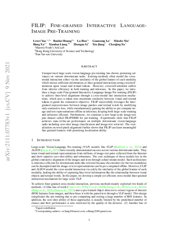 (PDF) FILIP: Fine-grained Interactive Language-Image Pre-Training