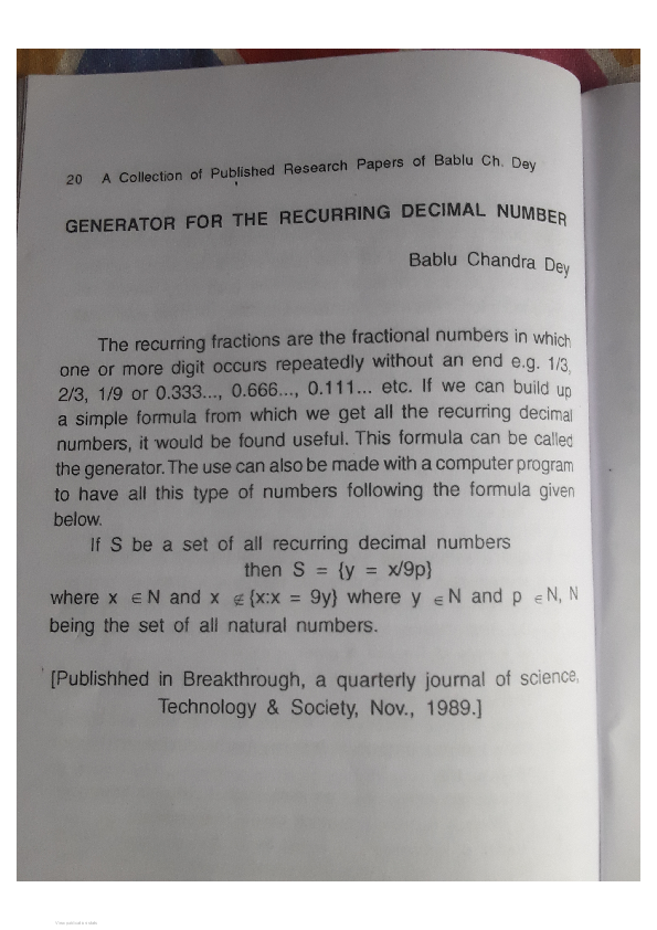 (PDF) GENERATOR FOR THE RECURRING DECIMAL NUMBERS