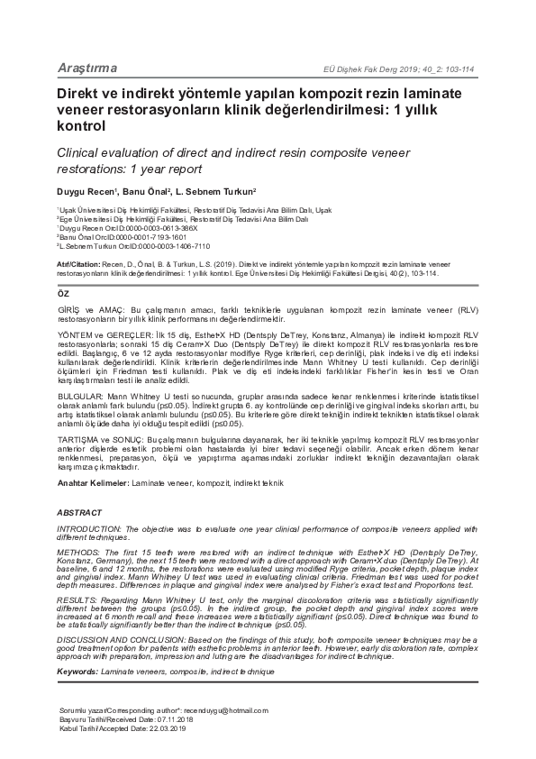 Pdf Clinical Evaluation Of Direct And Indirect Resin Composite Veneer Restorations 1 Year Report
