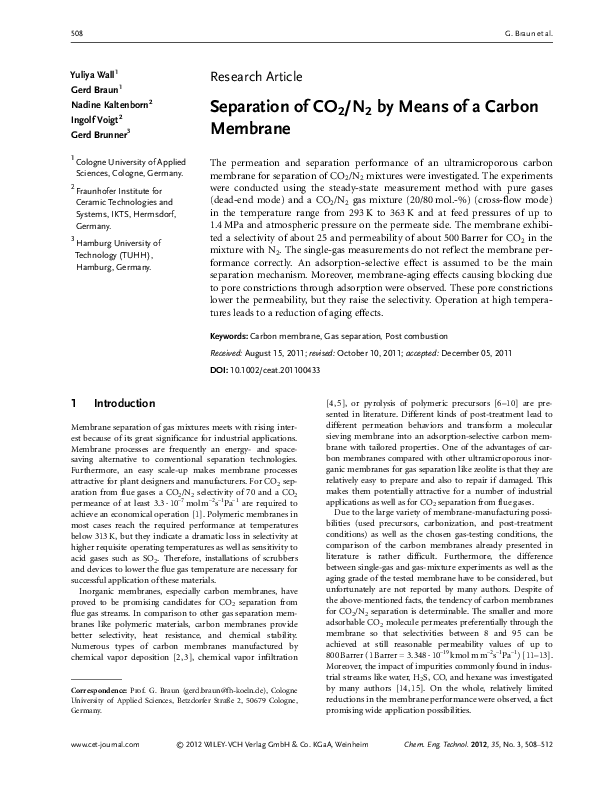 Pdf Co2 N2 Separation Using Carbon Membrane