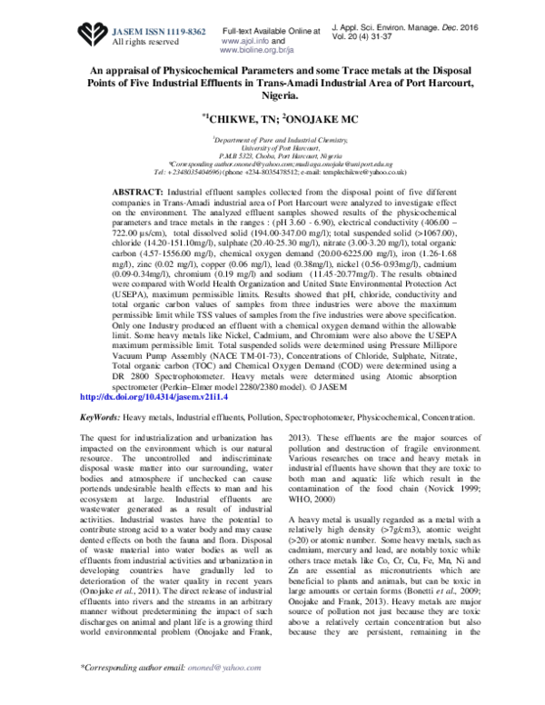 Pdf An Appraisal Of Physicochemical Parameters And Some Trace Metals At The Disposal Points Of