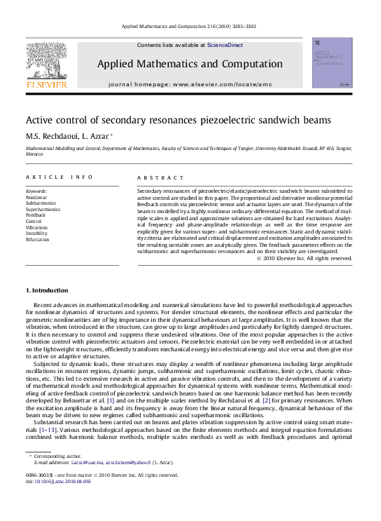 Active Control Of Secondary Resonances Piezoelectric Sandwich Beams