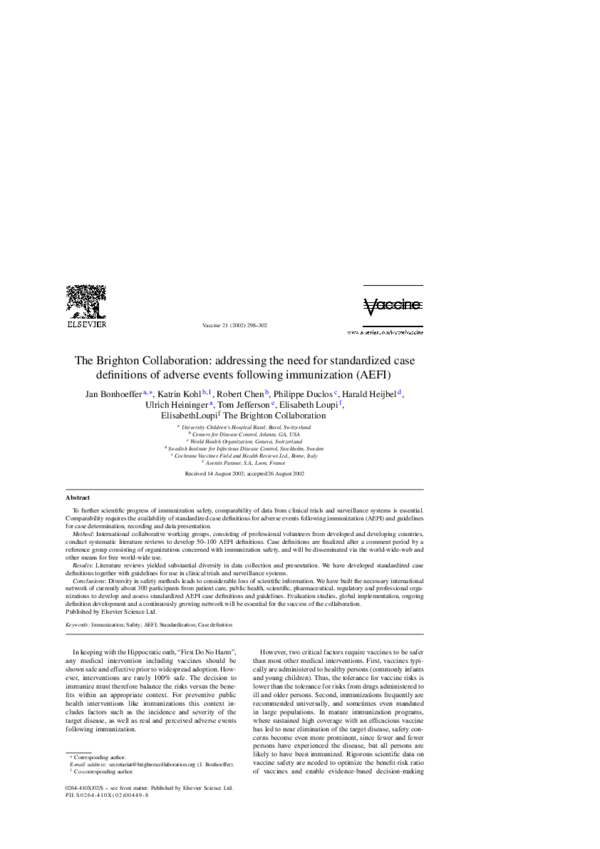 (PDF) The Brighton Collaboration: addressing the need for standardized ...