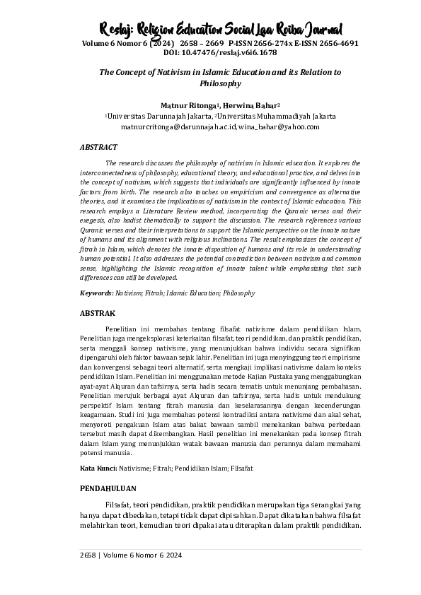 (PDF) The Concept of Nativism in Islamic Education and its Relation to Philosophy