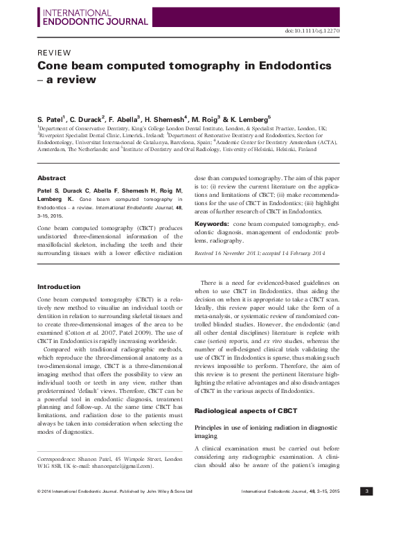 (PDF) Cone beam computed tomography in Endodontics – a review