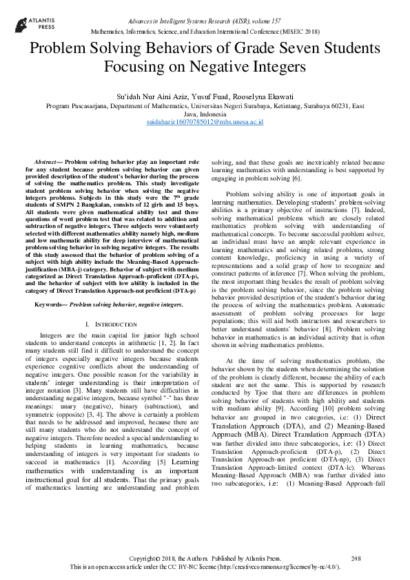 (PDF) Problem Solving Behaviors of Grade Seven Students Focusing on Negative Integers