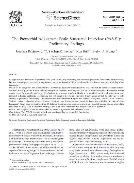 (PDF) The Premorbid Adjustment Scale Structured Interview (PAS-SI ...