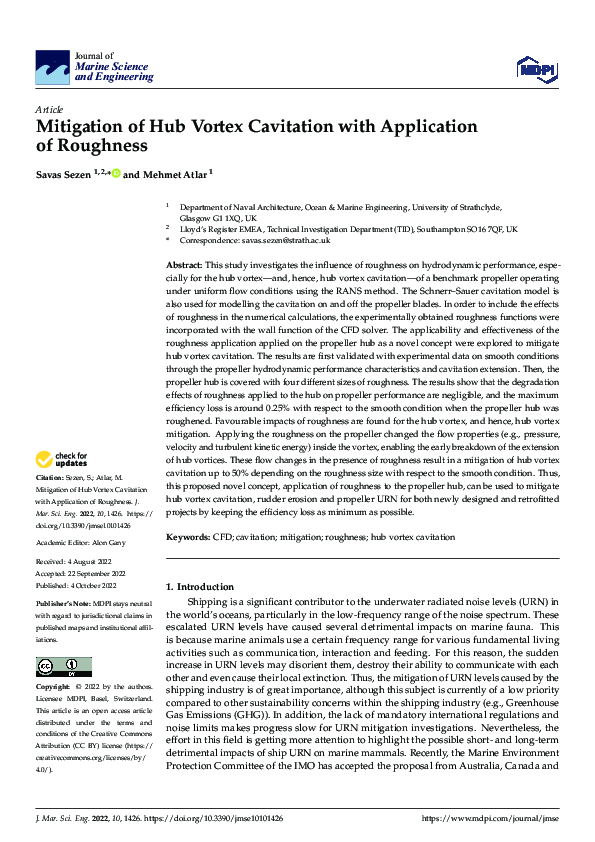 (PDF) Mitigation of Hub Vortex Cavitation with Application of Roughness