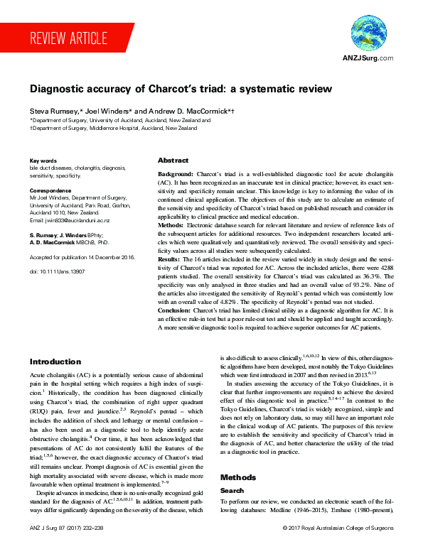 (PDF) Diagnostic accuracy of Charcot's triad: a systematic review