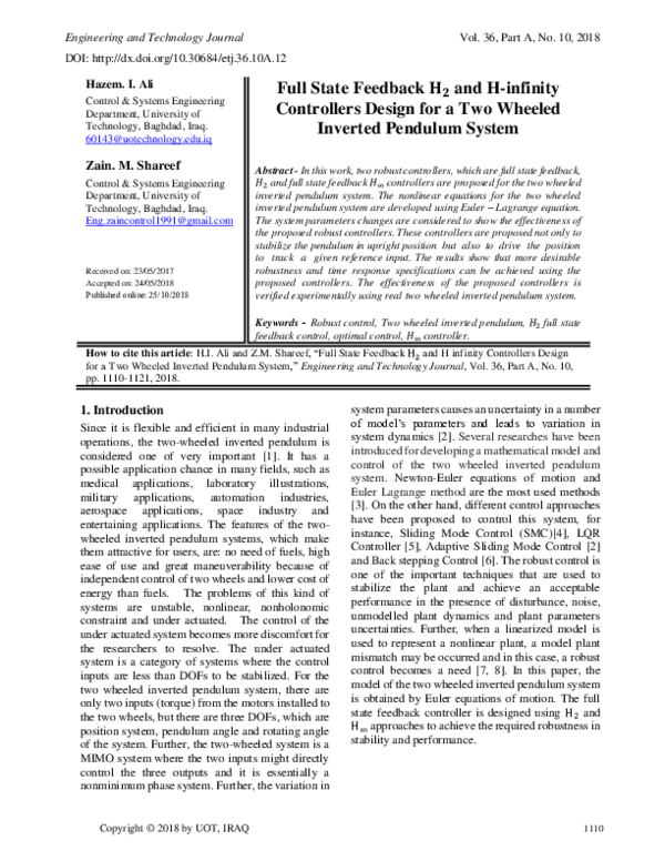 (PDF) Full State Feedback 𝐇𝟐 and H-infinity Controllers Design for a Two Wheeled Inverted ...