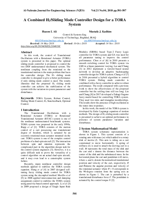 (PDF) A Combined H2/Sliding Mode Controller Design for a TORA System