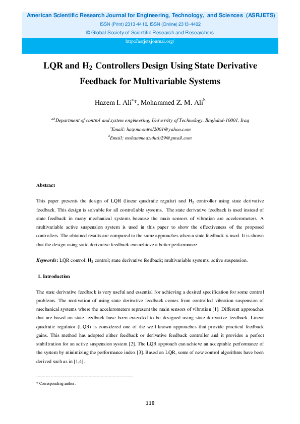 (PDF) LQR and H_2 Controllers Design Using State Derivative Feedback for Multivariable Systems