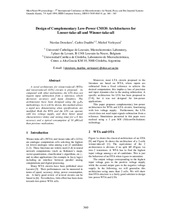 (PDF) Design of complementary low-power CMOS architectures for looser-take-all and winner-take-all