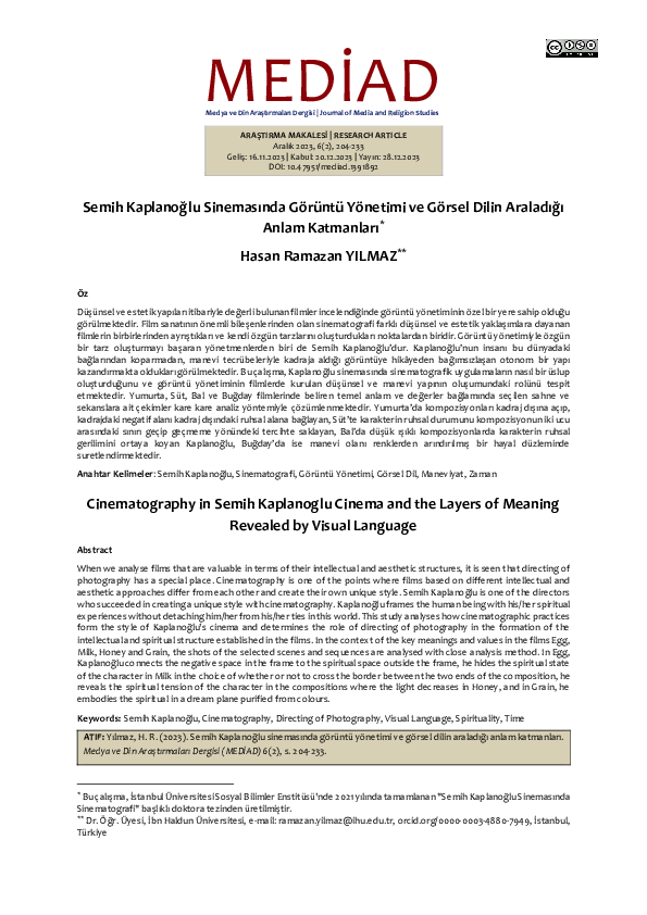 (PDF) Cinematography in Semih Kaplanoglu Cinema and the Layers of ...