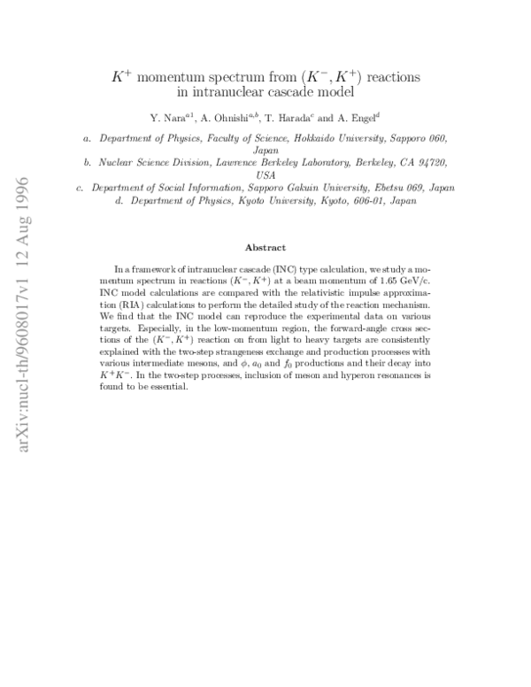 (PDF) K+ momentum spectrum from (K−, K+) reactions in the intranuclear ...