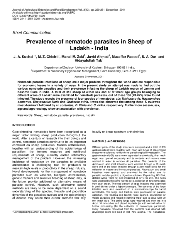 (PDF) Prevalence of nematode parasites in Sheep of Ladakh - India