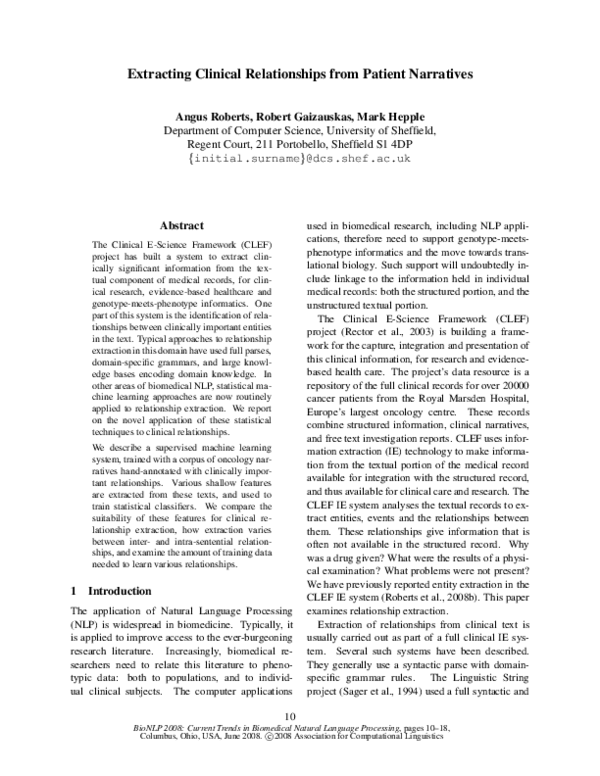 (PDF) Extracting clinical relationships from patient narratives