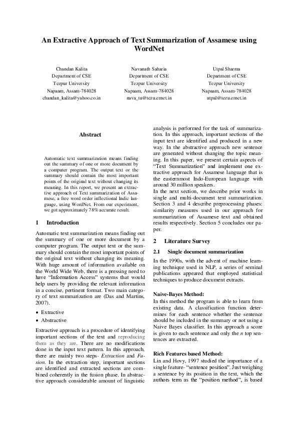 (PDF) An Extractive Approach of Text Summarization of Assamese using WordNet