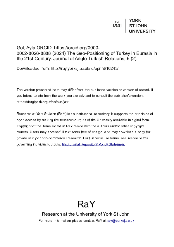 (PDF) The Geo-positioning of Turkey in Eurasia in the 21st Century