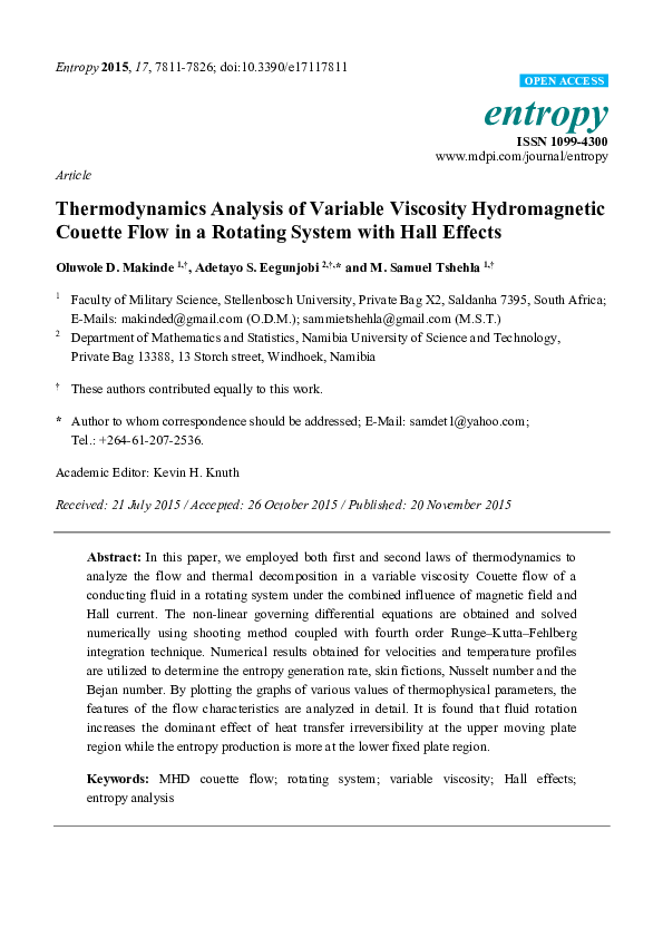 (PDF) Thermodynamic Analysis of Hall Effect Couette Flow