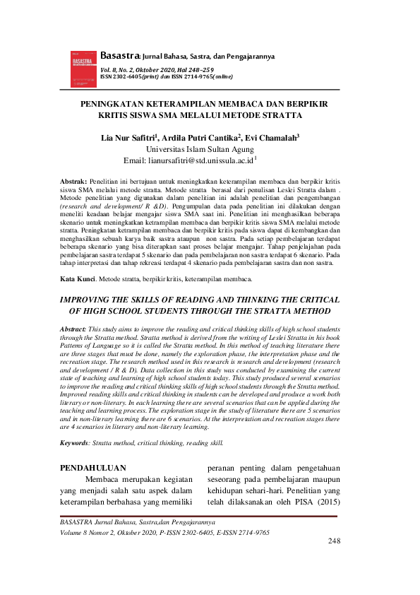 (PDF) Peningkatan Keterampilan Membaca Dan Berpikir Kritis Siswa Sma Melalui Metode Stratta