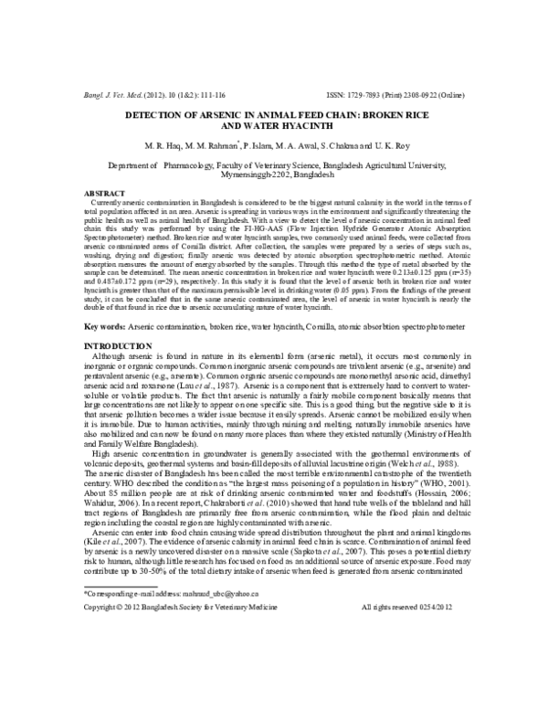 (PDF) Detection of Arsenic in Animal Feed Chain: Broken Rice and Water Hyacinth | Dr Urmi Roy ...