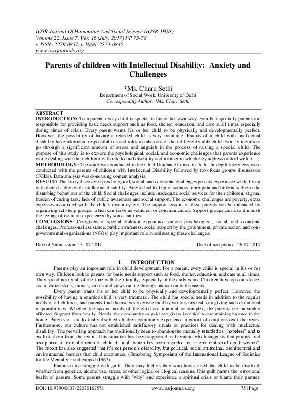 (PDF) Parents of children with Intellectual Disability: Anxiety and ...