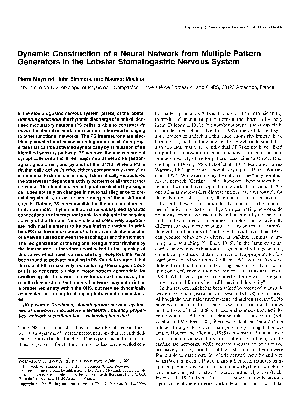 (PDF) Dynamic construction of a neural network from multiple pattern generators in the lobster ...