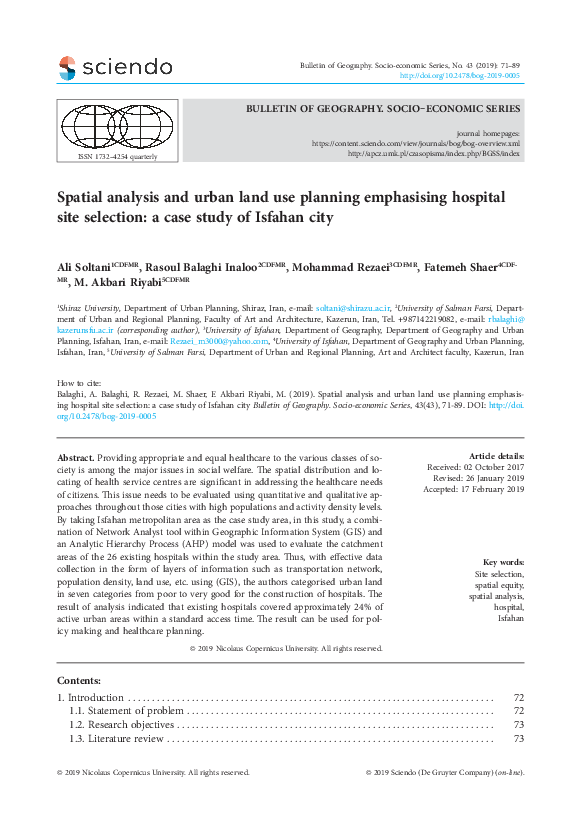(PDF) Spatial analysis and urban land use planning emphasising hospital site selection: a case ...
