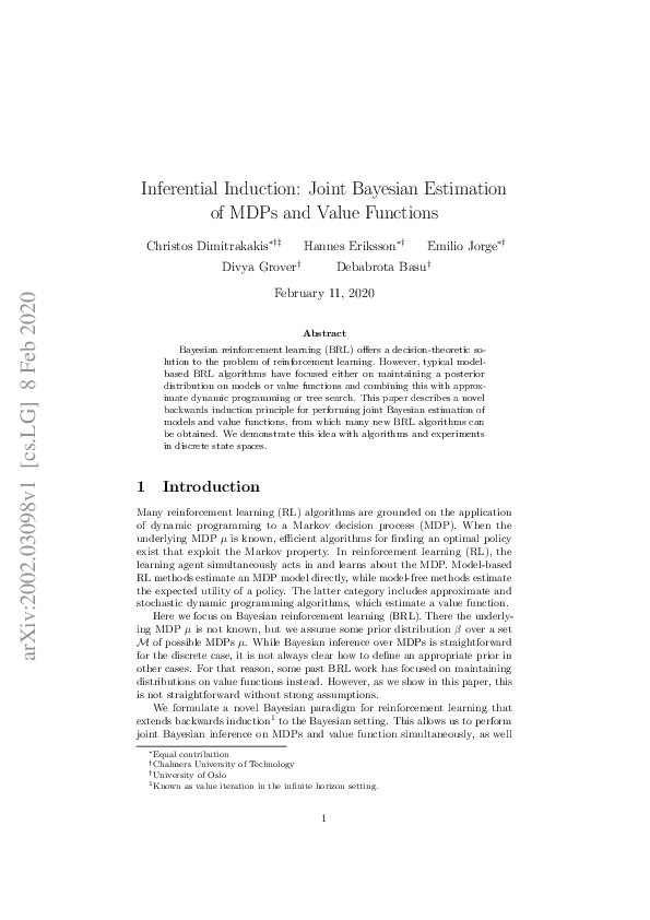 (PDF) Inferential Induction: Joint Bayesian Estimation of MDPs and Value Functions