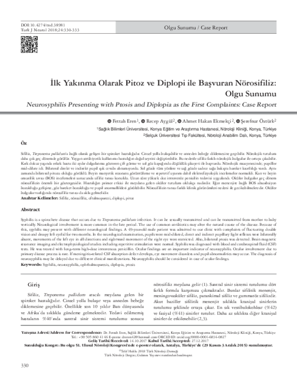 (PDF) Neurosyphilis Presenting with Ptosis and Diplopia as the First Complaints: Case Report