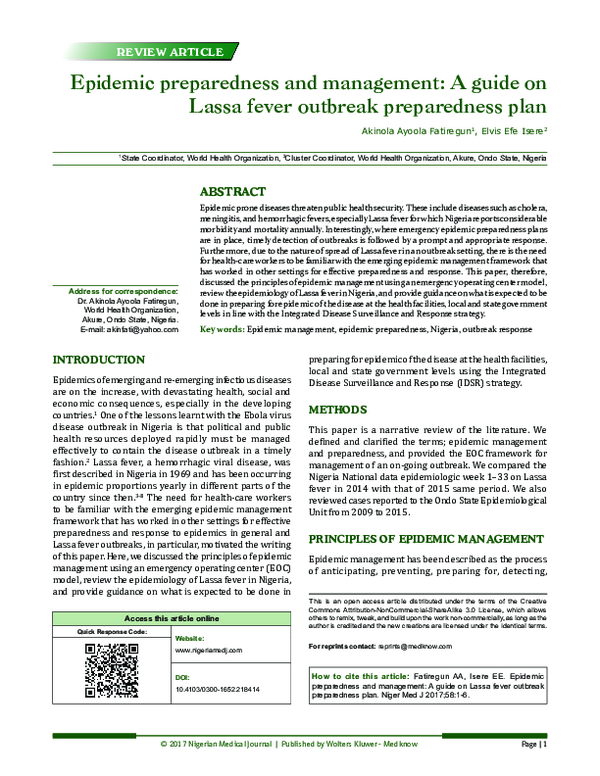 (PDF) Epidemic preparedness and management: A guide on Lassa fever ...